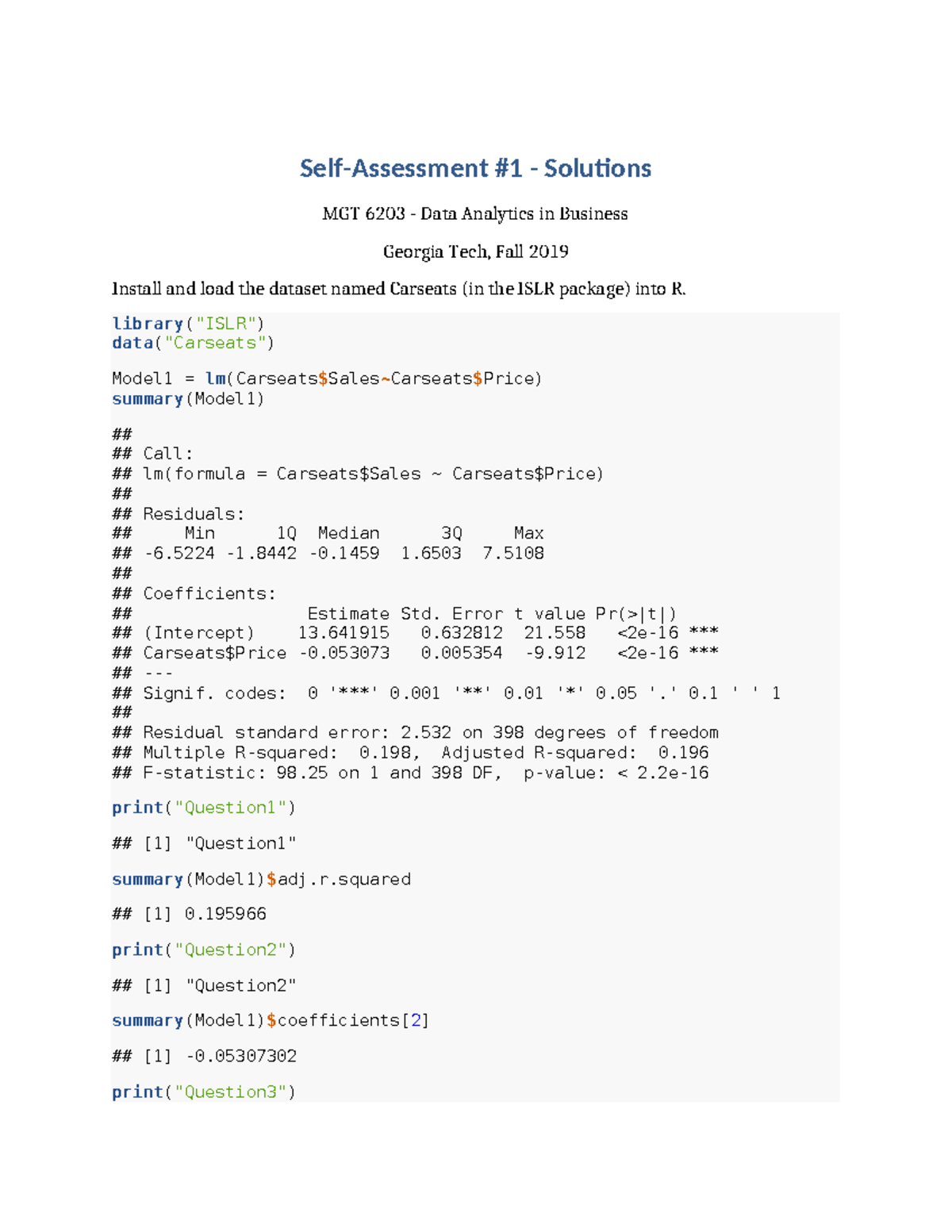 SA1 Solutions - Self-Assessment #1 - Solutions MGT 6203 - Data Analytics in Business Georgia ...