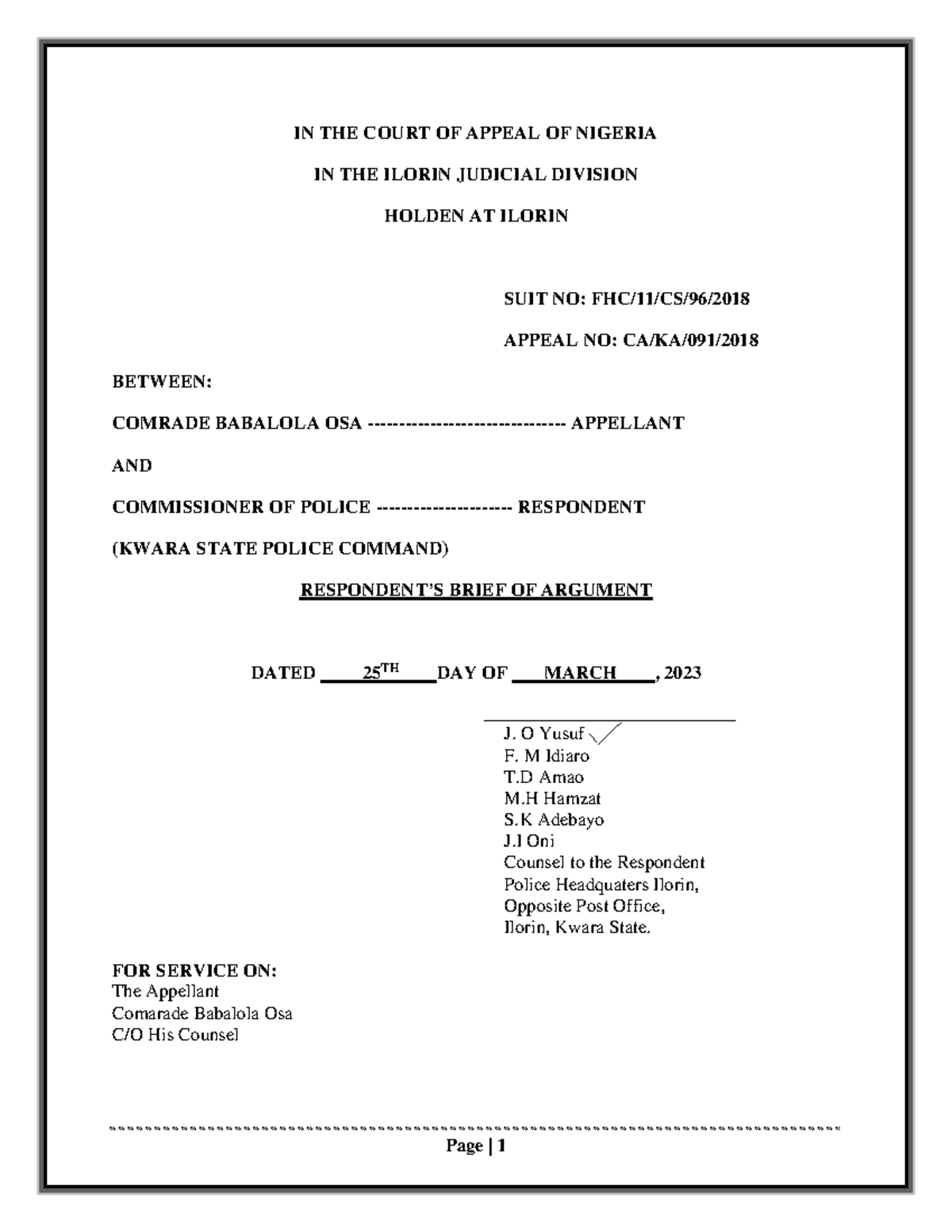 Naklas Brief of Argument - IN THE COURT OF APPEAL OF NIGERIA IN THE ...