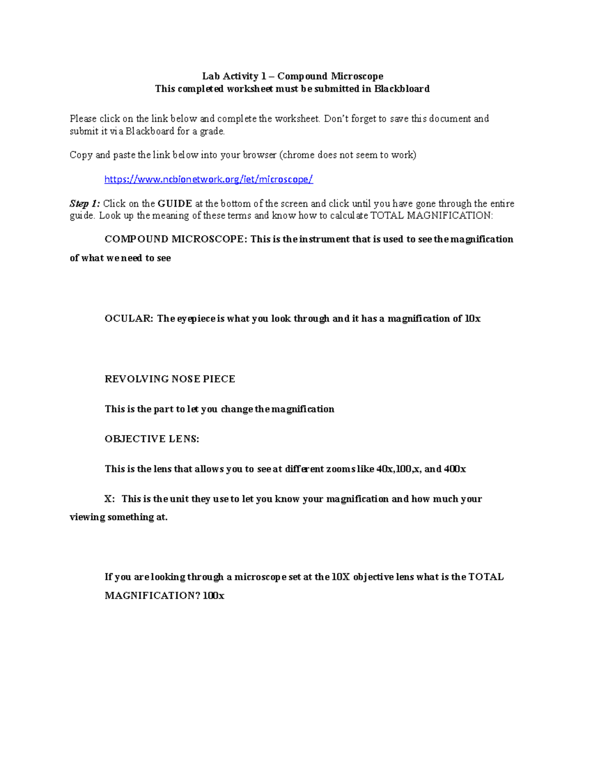 Microscope Lab Worksheet (SP2021) - Lab Activity 1 – Compound ...
