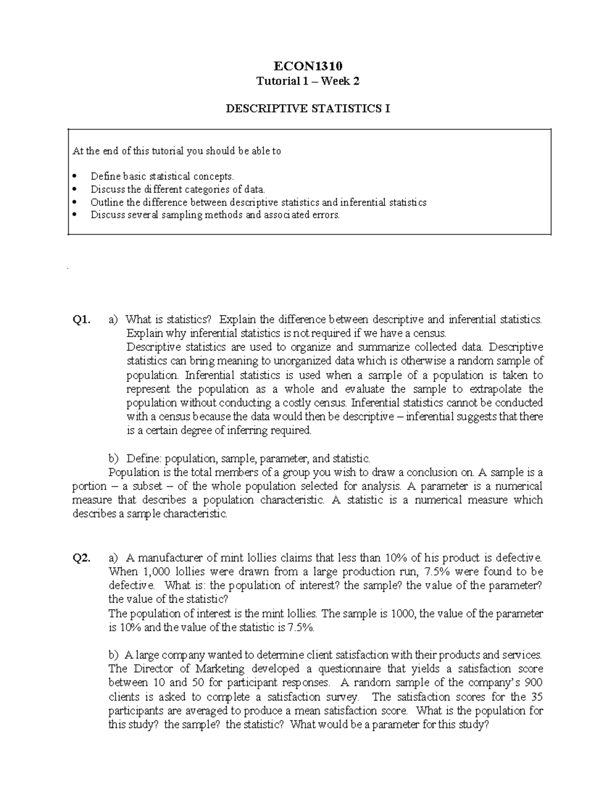 ECON1310 Tutorial 1 - tut 1 - ECON Tutorial 1 – Week 2 DESCRIPTIVE ...
