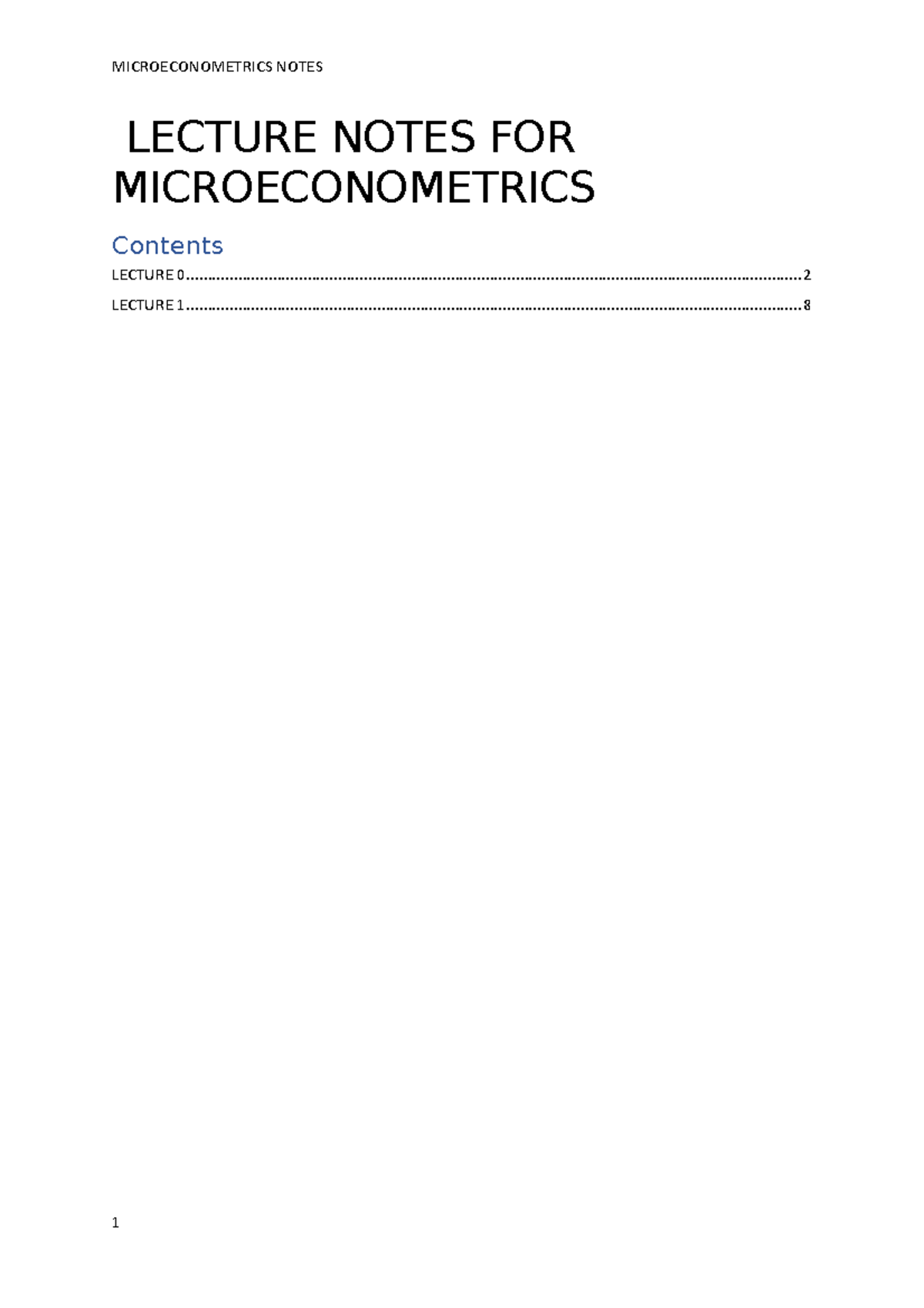 Lecture Notes 0 1 Microeconometrics Notes Lecture Notes For Microeconometrics Contents Lecture 9733