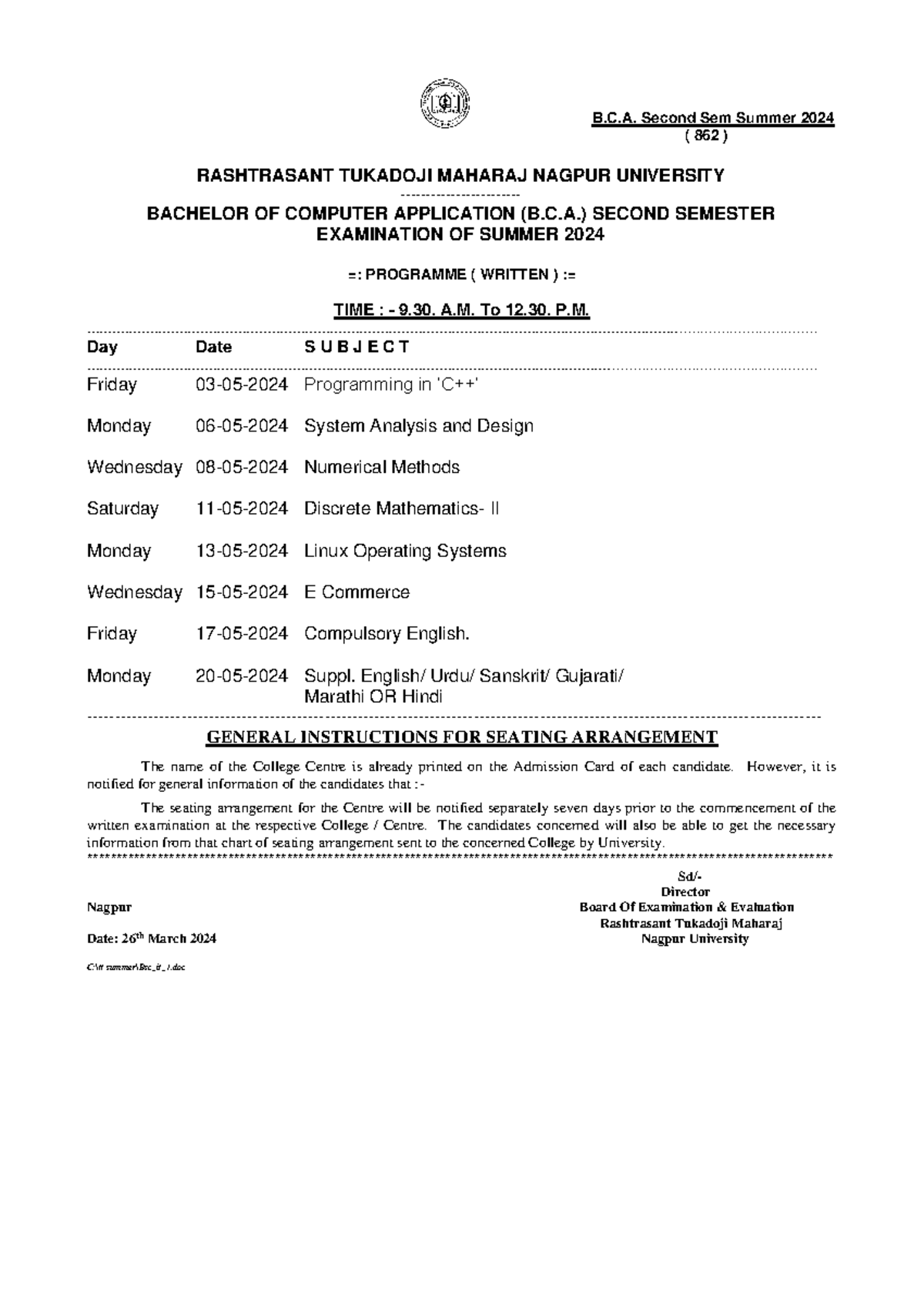 B C A 2nd Sem - other - B.C. Second Sem Summer 2024 ( 862 ) RASHTRASANT ...