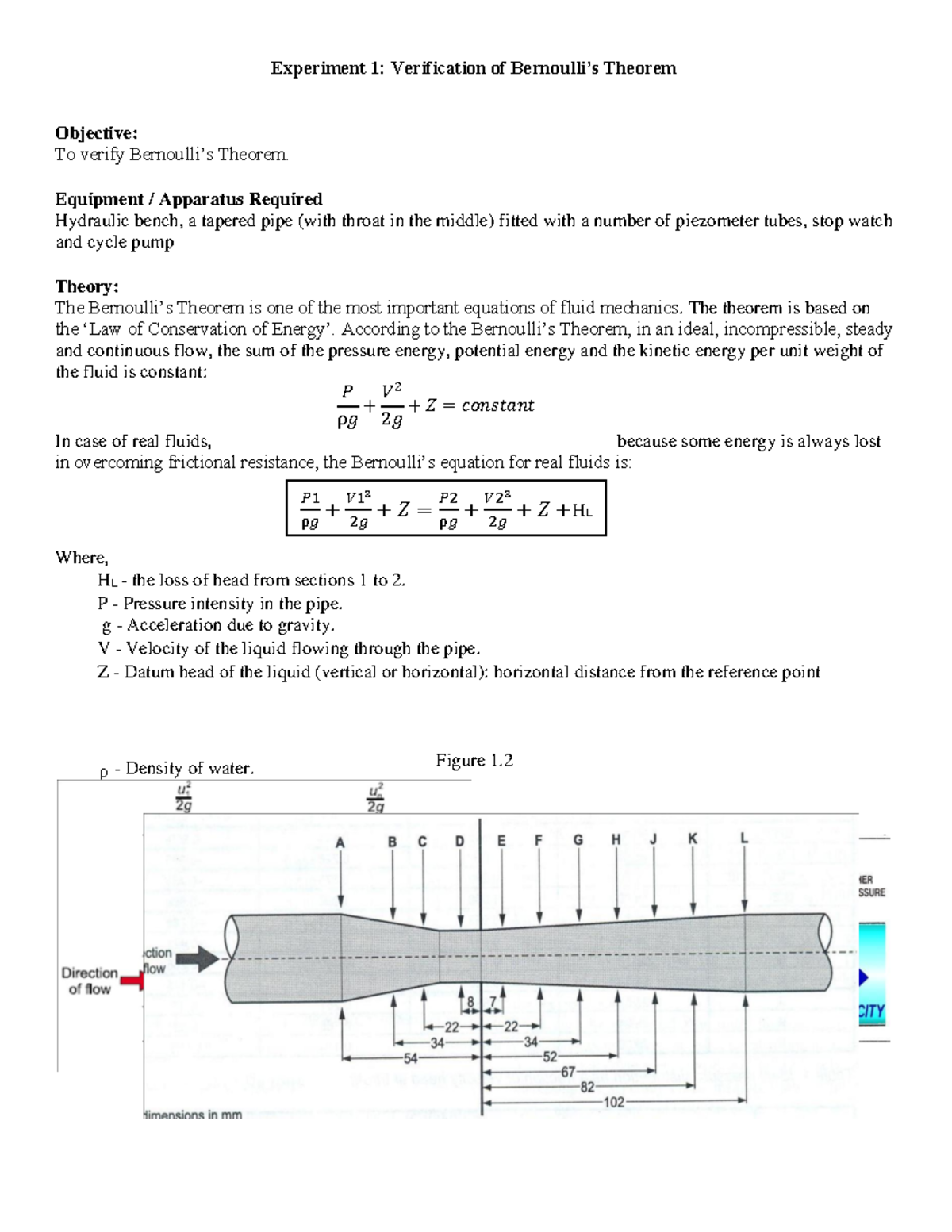 Experiment No 1 Verification of Bernoulli's Theorem - Experiment 1: Verification of Bernoulli’s ...