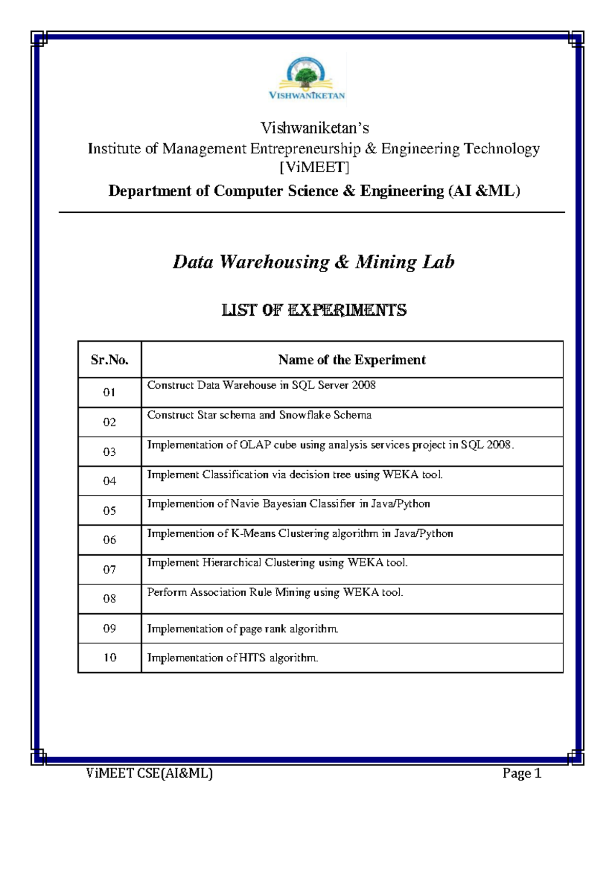 DWM Lab Manual Editted - Vishwaniketan’s Institute of Management Entrepreneurship & Engineering ...