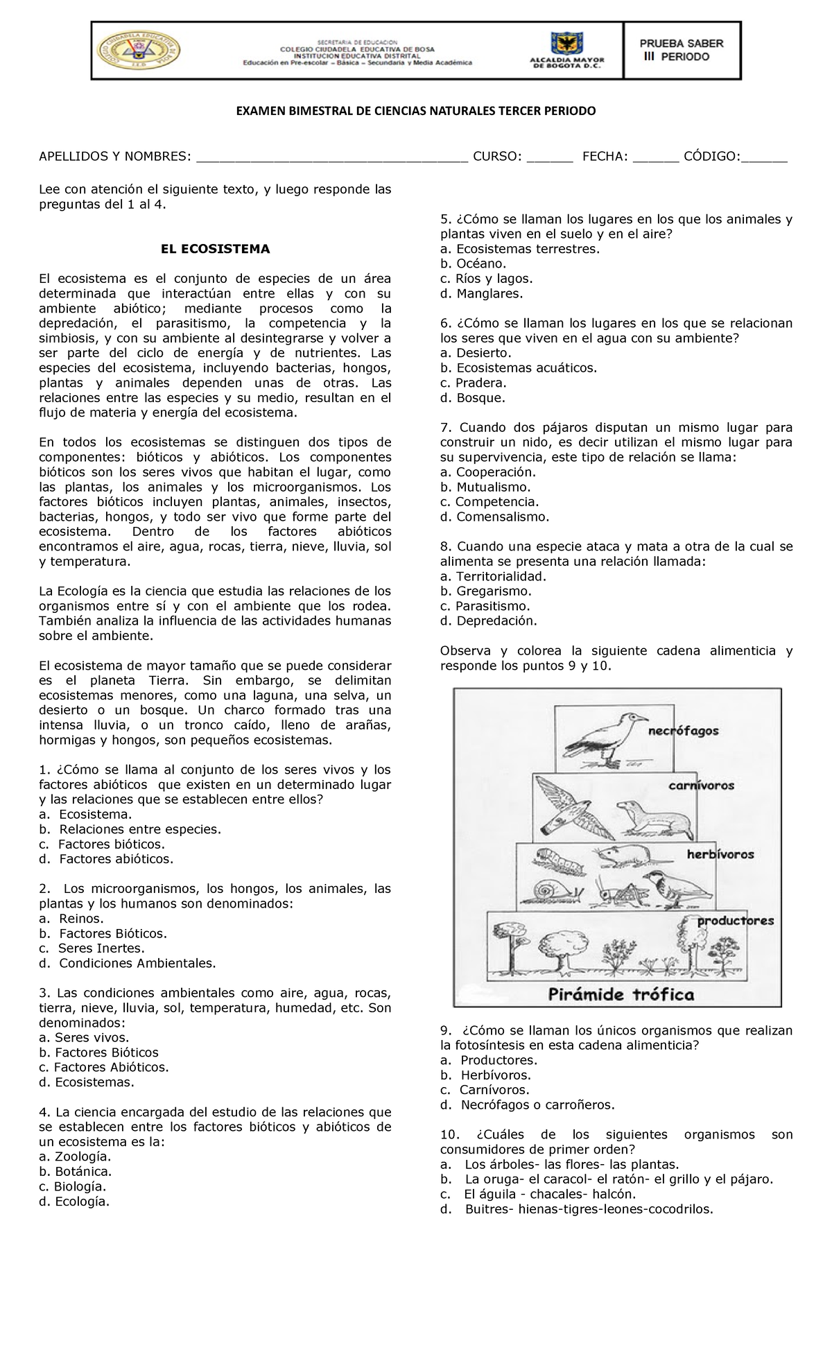 Prueba Saber 3 Periodo - Apuntes ciencias naturales grado 4 - EXAMEN ...