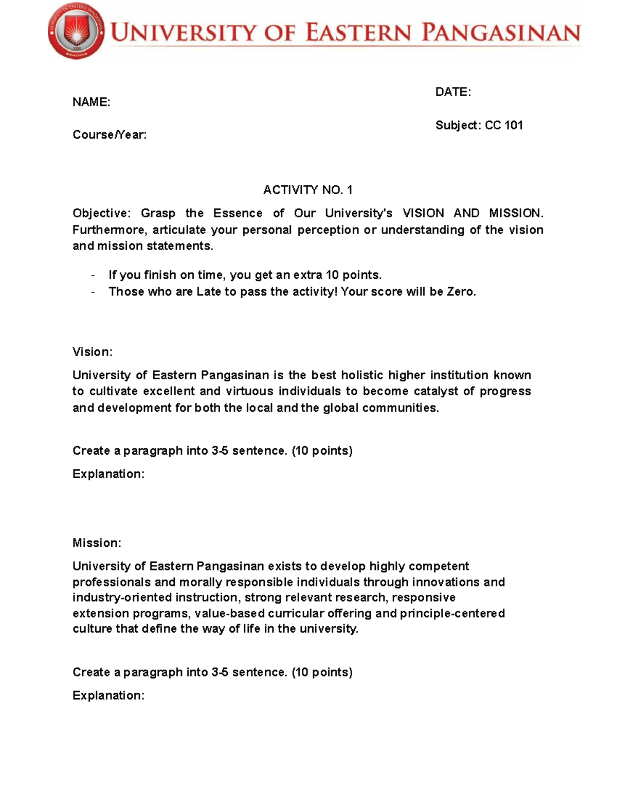 Activity 1-CC 101 - Programming - NAME: DATE: Course/Year: Subject: CC 101 ACTIVITY NO. 1 ...
