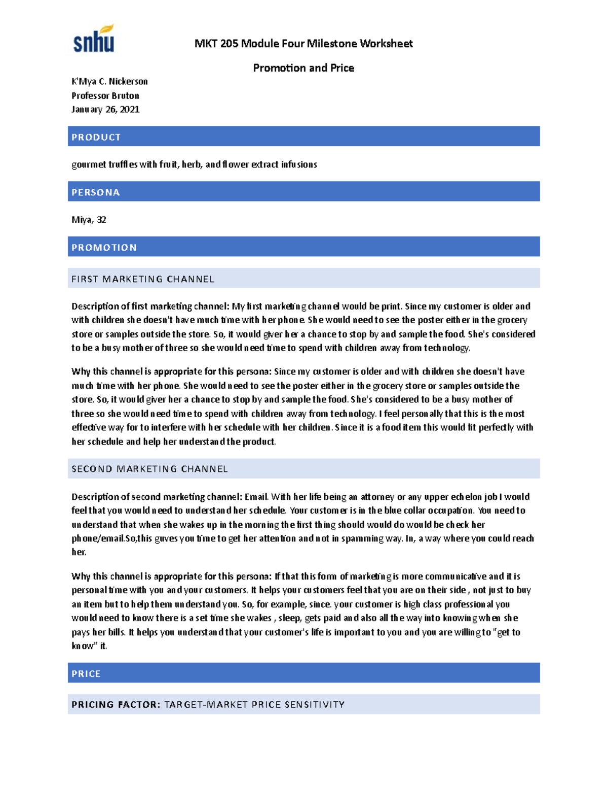 MKT205 Module Four Milestone - Nickerson Professor Bruton January 26 ...