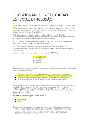 Questionári 1 - QUESTIONÁRIO – EDUCAÇÃO ESPECIAL E INCLUSÃO – AULA 01 ...