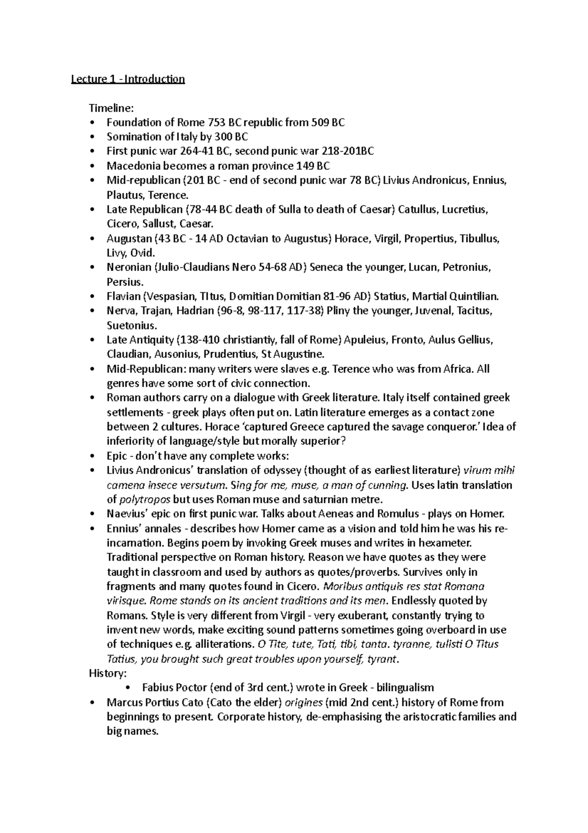 Week 1 - Latin Literature Notes - Lecture 1 - Introduction Timeline ...