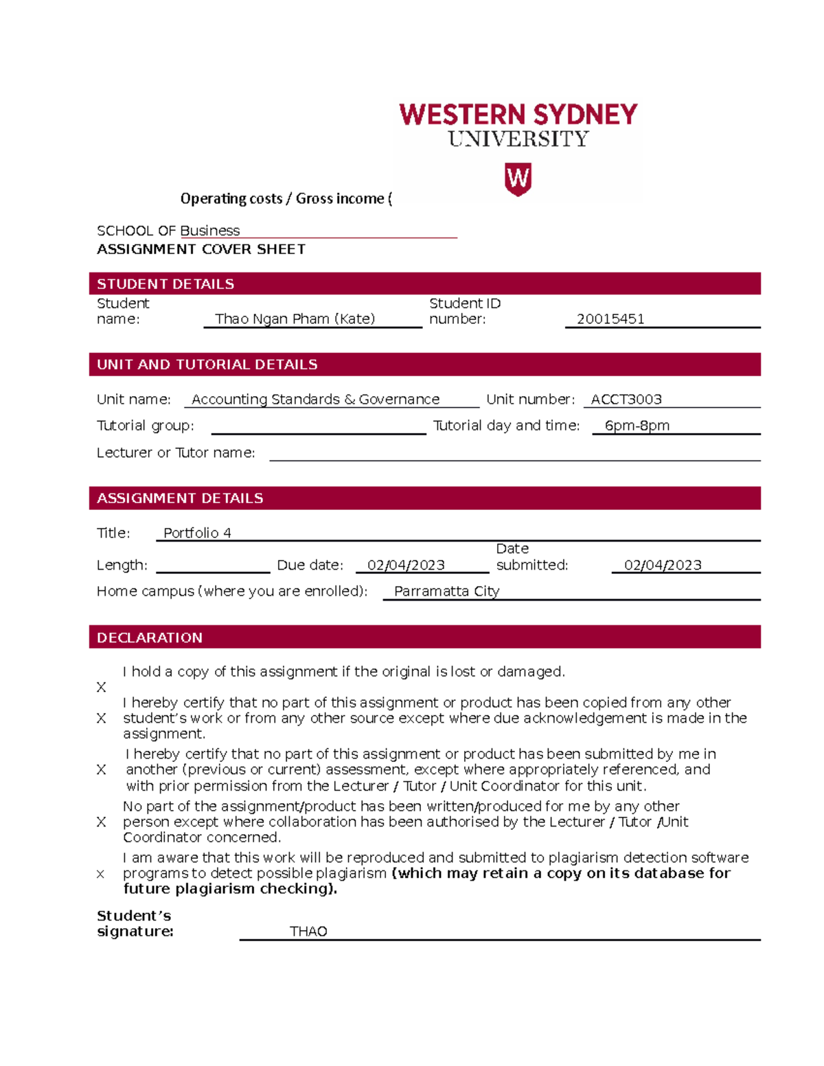 Portfolio 4 Assessment 1 - Operating costs / Gross income ( SCHOOL OF ...
