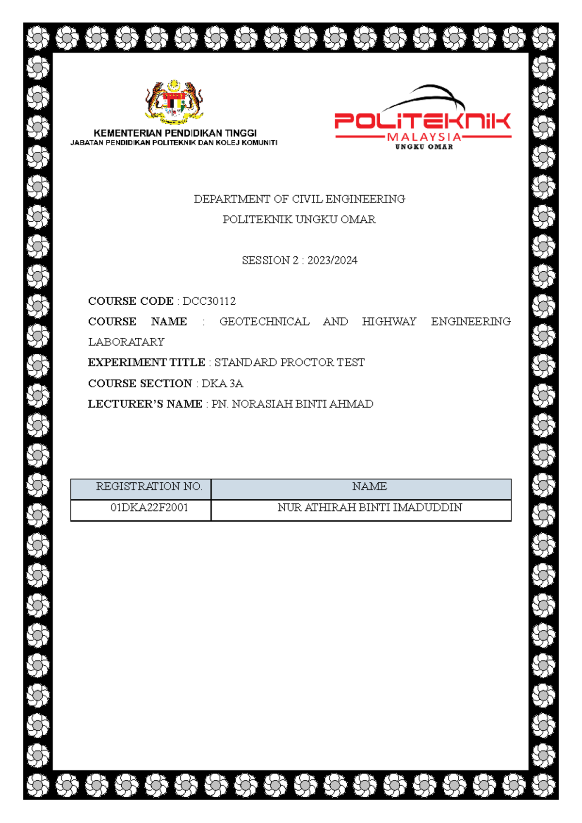 Standard Proctor Test Report - DEPARTMENT OF CIVIL ENGINEERING ...