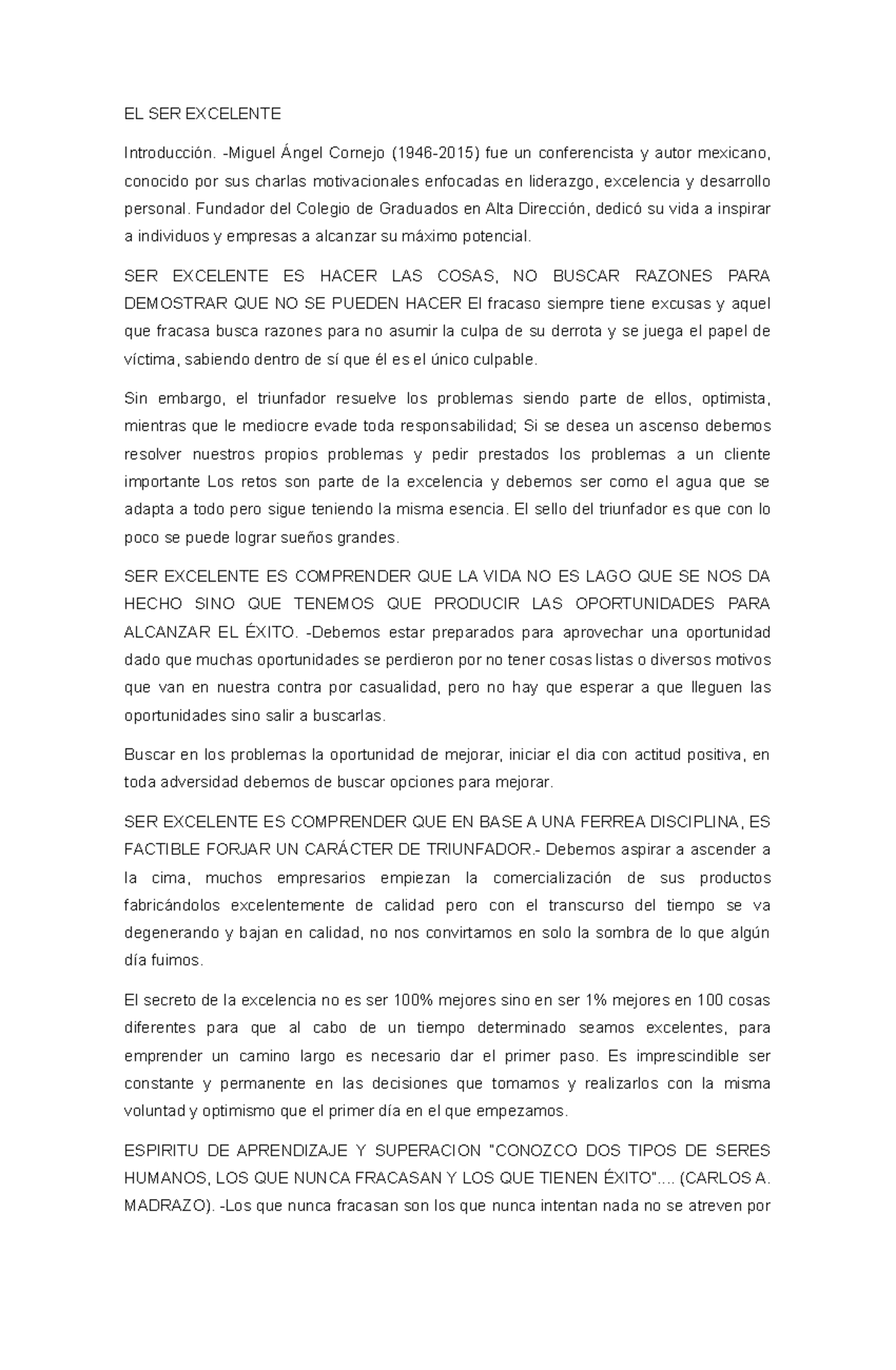 1. El ser excelente - resumen - EL SER EXCELENTE Introducción. -Miguel ...