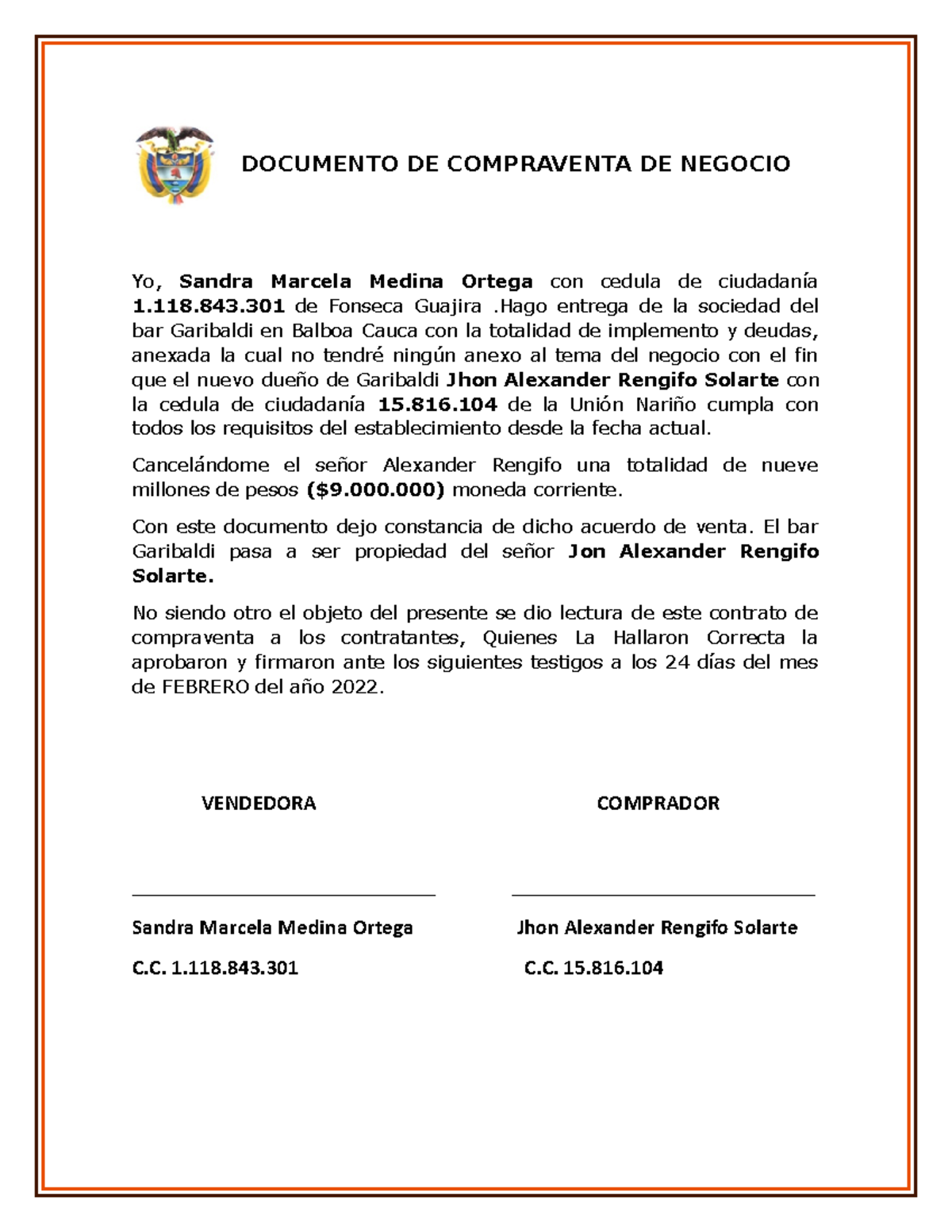 Documento DE Compraventa DE Negocio - DOCUMENTO DE COMPRAVENTA DE NEGOCIO Yo, Sandra Marcela ...