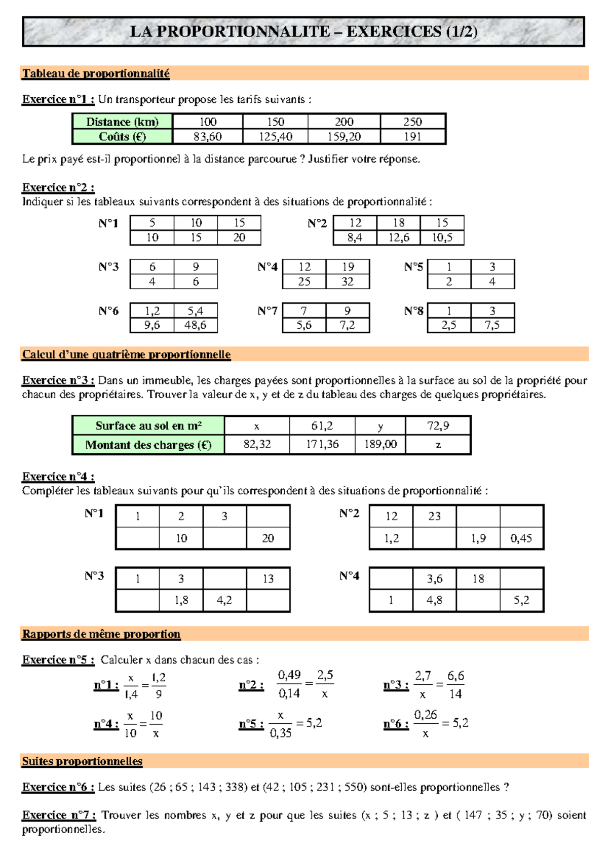 Exercices sur La proportionnalite - LA PROPORTIONNALITE – EXERCICES (1/ ...