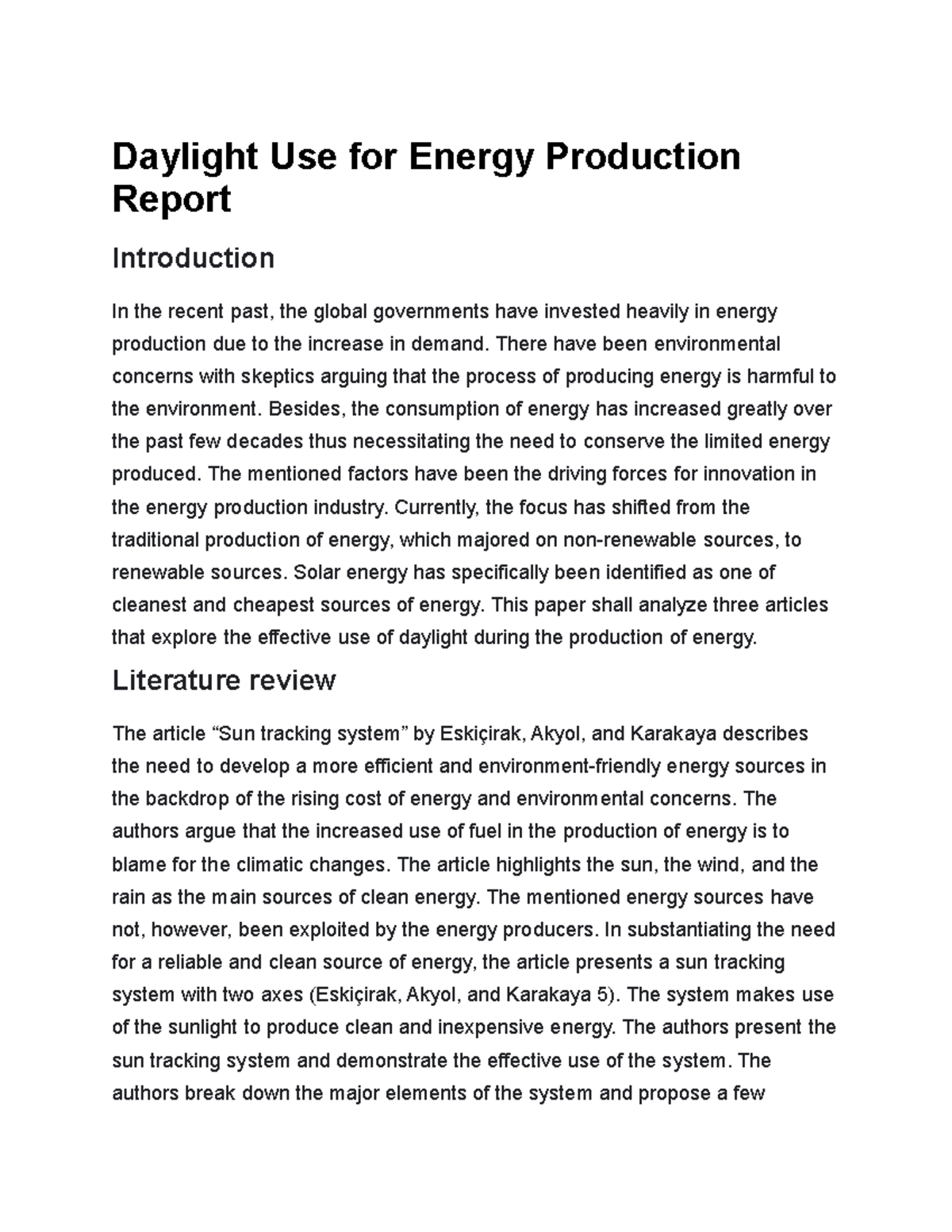 Daylight Use for Energy Production Report Essay 1 - Daylight Use for ...