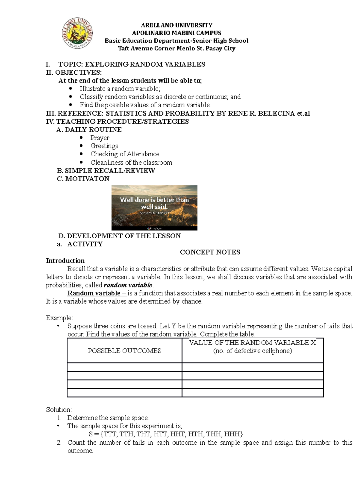 DLP 1 Exploring Random Variables - ARELLANO UNIVERSITY APOLINARIO ...