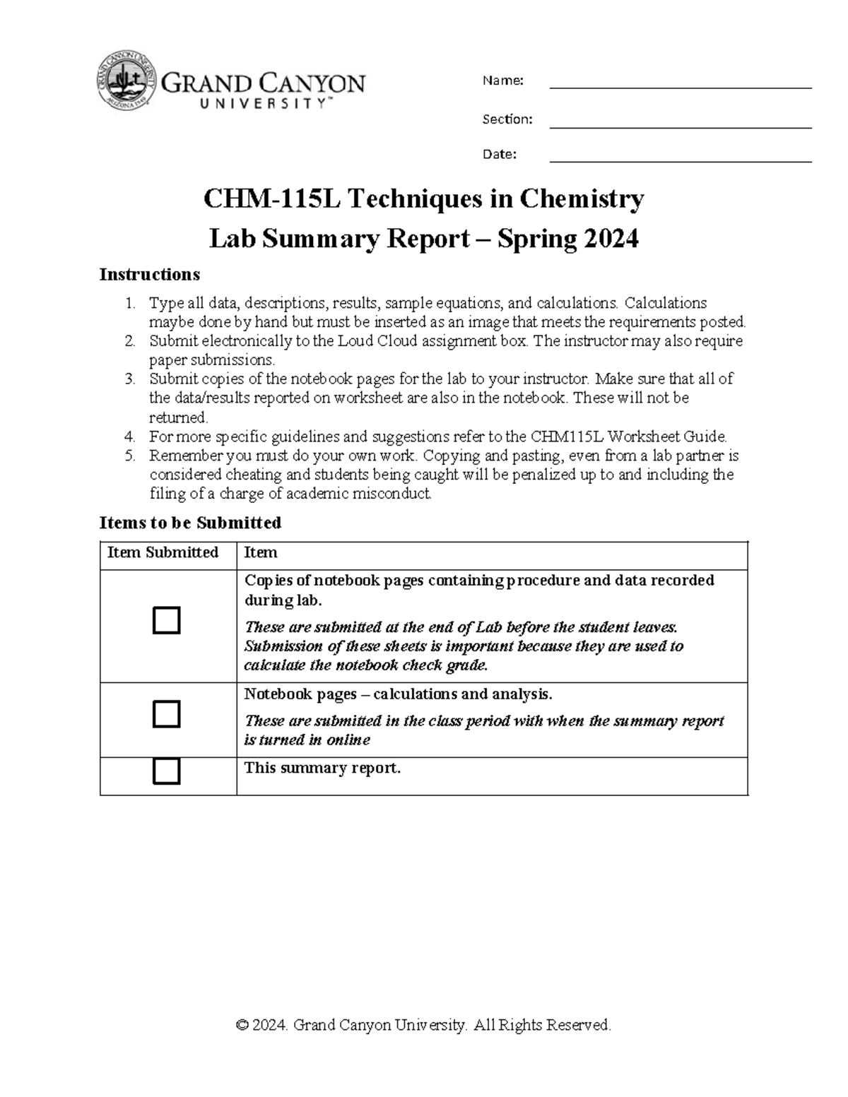 CHM 115L RS Exp1 Techniques In Chemistry Sp24 - Section: Date: CHM-115L ...