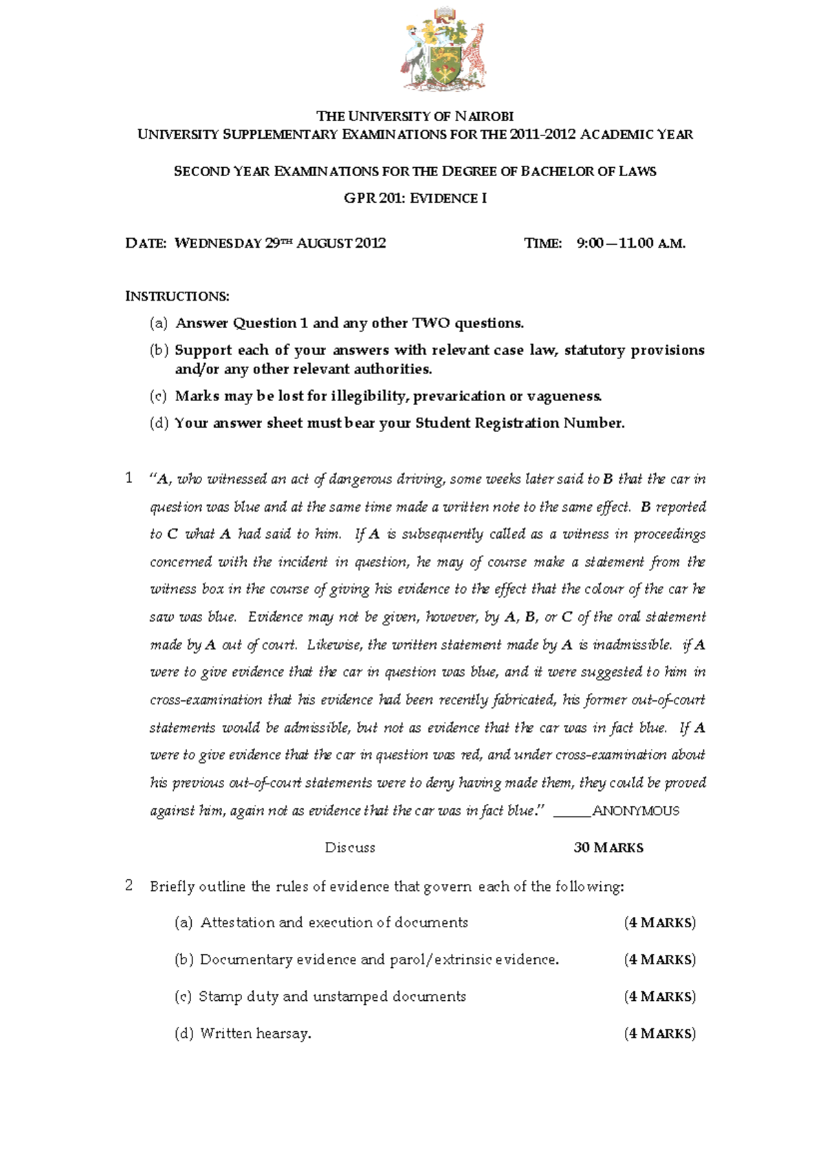 Law-of-evidence - Past papers - THEUNIVERSITY OFNAIROBI ...