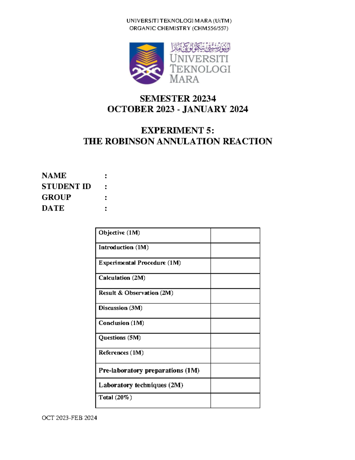Experiment 5 (PRE-LAB) - ORGANIC CHEMISTRY (CHM556/557) SEMESTER 20234 ...