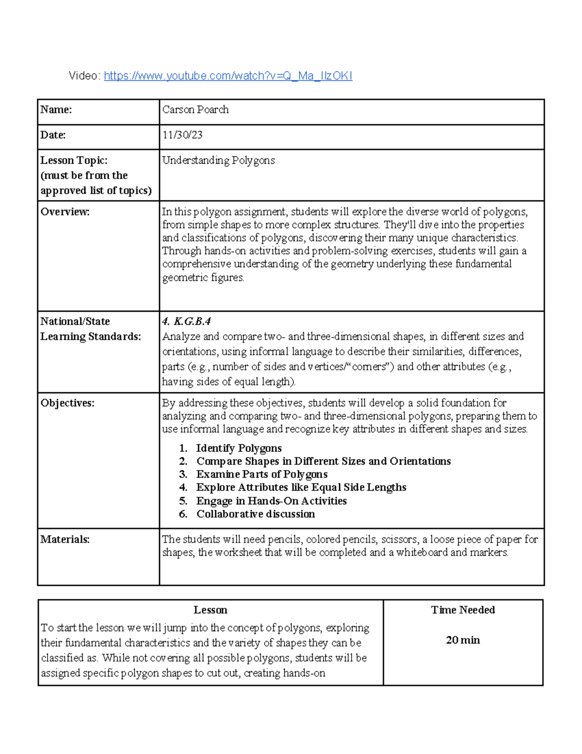 Lesson Plan Math - Video: youtube/watch?v=Q_Ma_IIzOKI Name: Carson ...