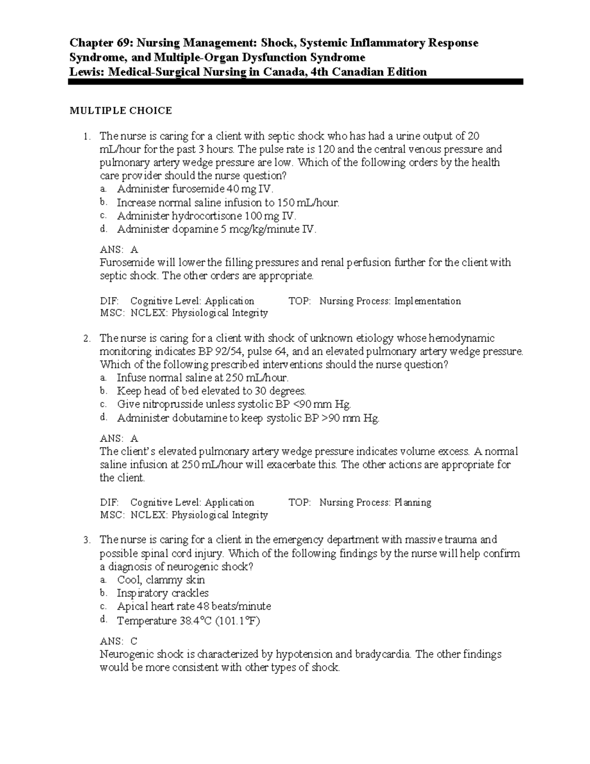 69 - med surg - Chapter 69: Nursing Management: Shock, Systemic ...