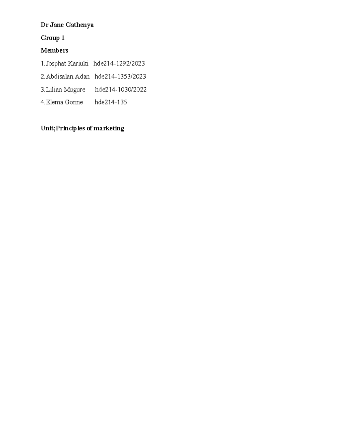 Complete grp 1 - Copy - it is under principles of marketing - Dr Jane ...