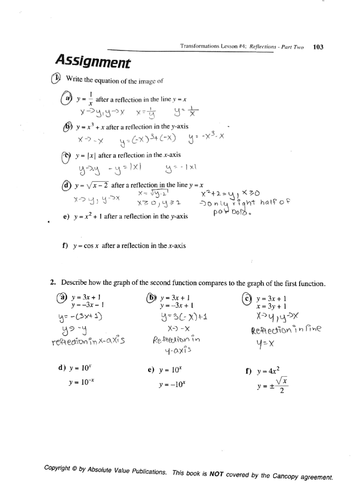 mathematics 30-1 - Transformations Lesson Reflections Part Two 103 Assignment P Write the ...