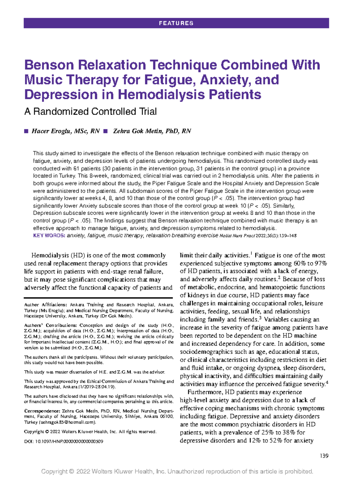 Benson Relaxation Technique Combined With Music Therapy for Fatigue ...