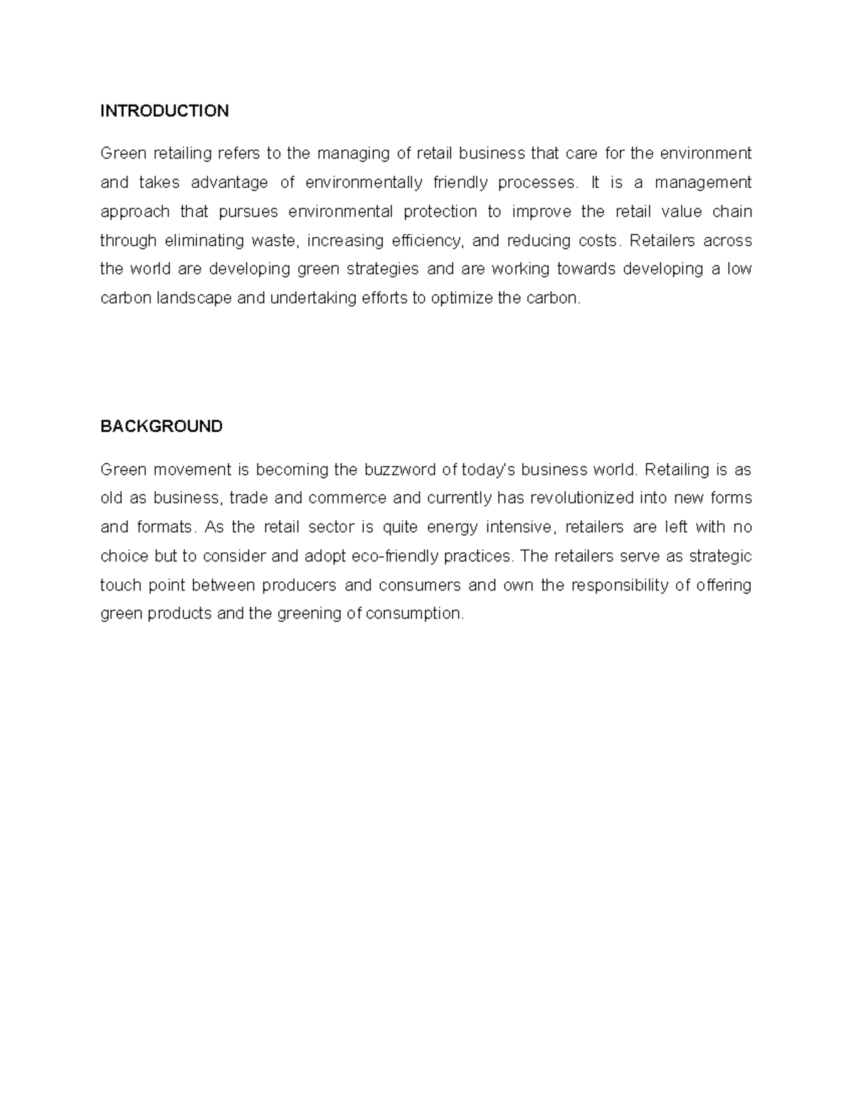 Literature review-1 - INTRODUCTION Green retailing refers to the ...