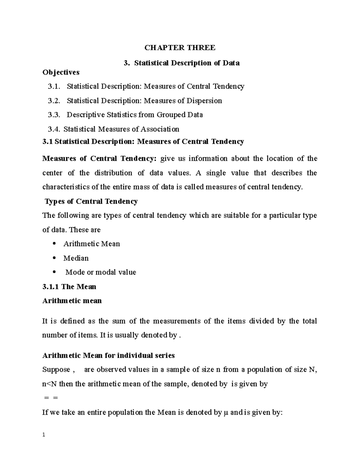 Basic Stastics chapter 3 - CHAPTER THREE Statistical Description of ...