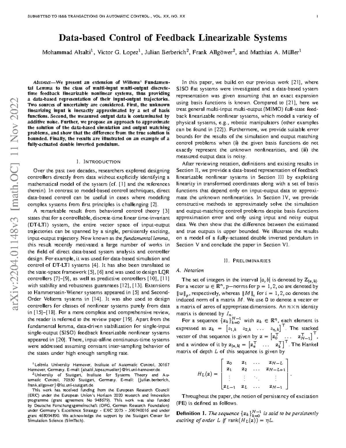 Data Based Control Of Feedback Linearizable Systems Arxiv2204 Math