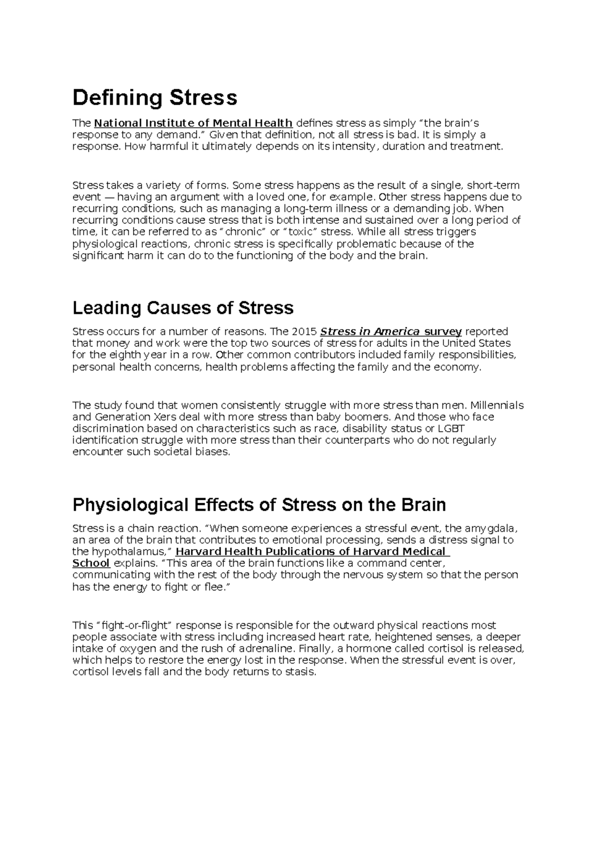 Stress and the brain - Lecture notes 5 - Defining Stress The National ...