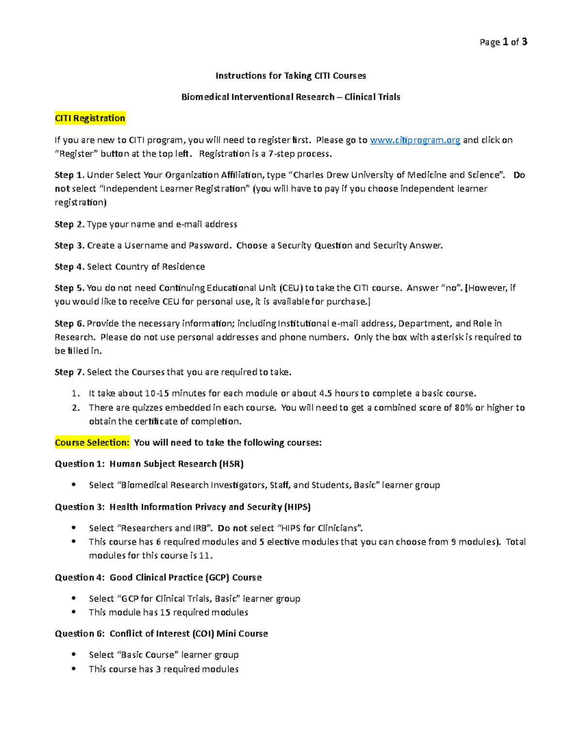 CITI Registration for Biomedical Interventional Research HSR+HIPS+GCP ...