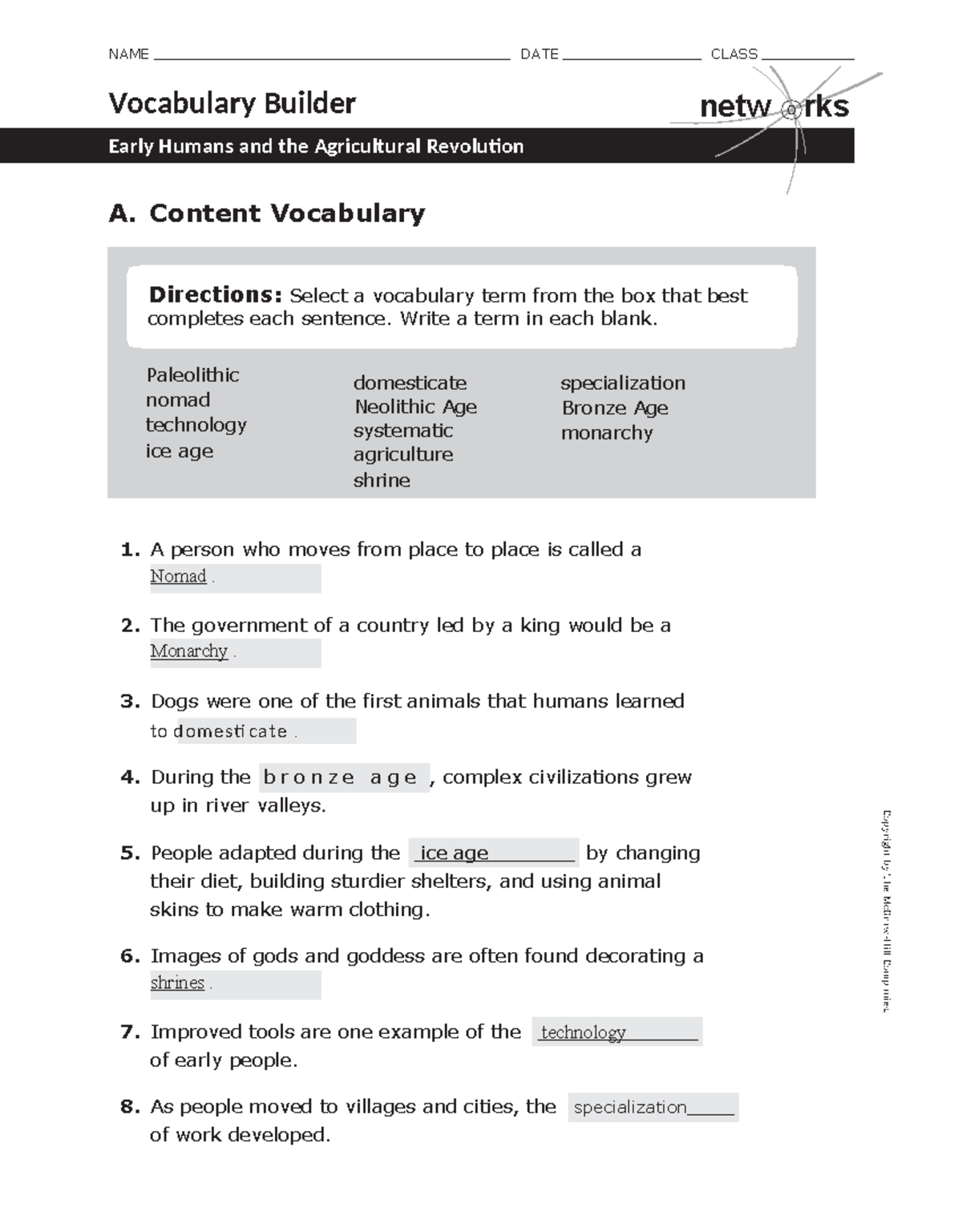 WH CH3 VOC - Vocabulary Builder Early Humans and the Agricultural ...