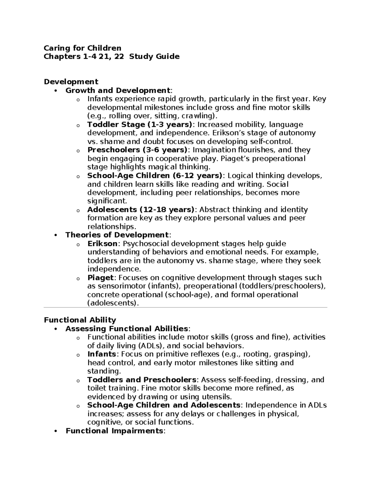 Caring for Children - Notes - Caring for Children Chapters 1-4 21, 22 ...