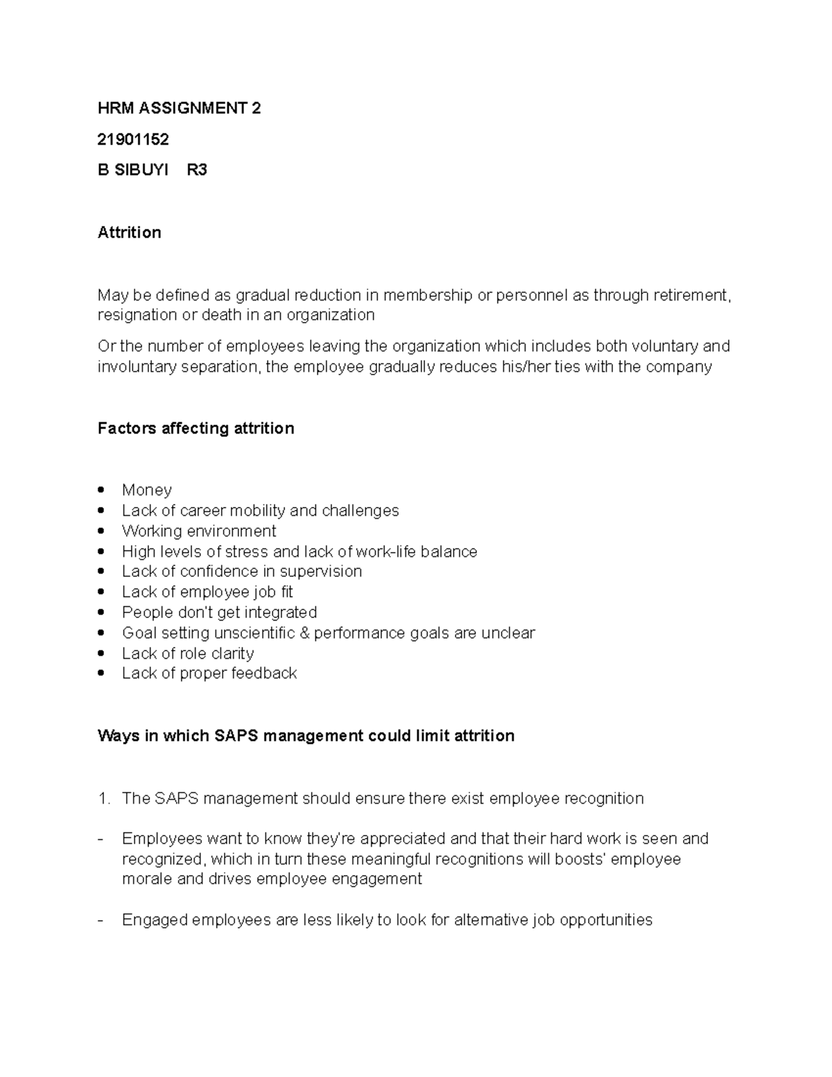 HRM Assignment 2 - HRM ASSIGNMENT 2 21901152 B SIBUYI R Attrition May ...