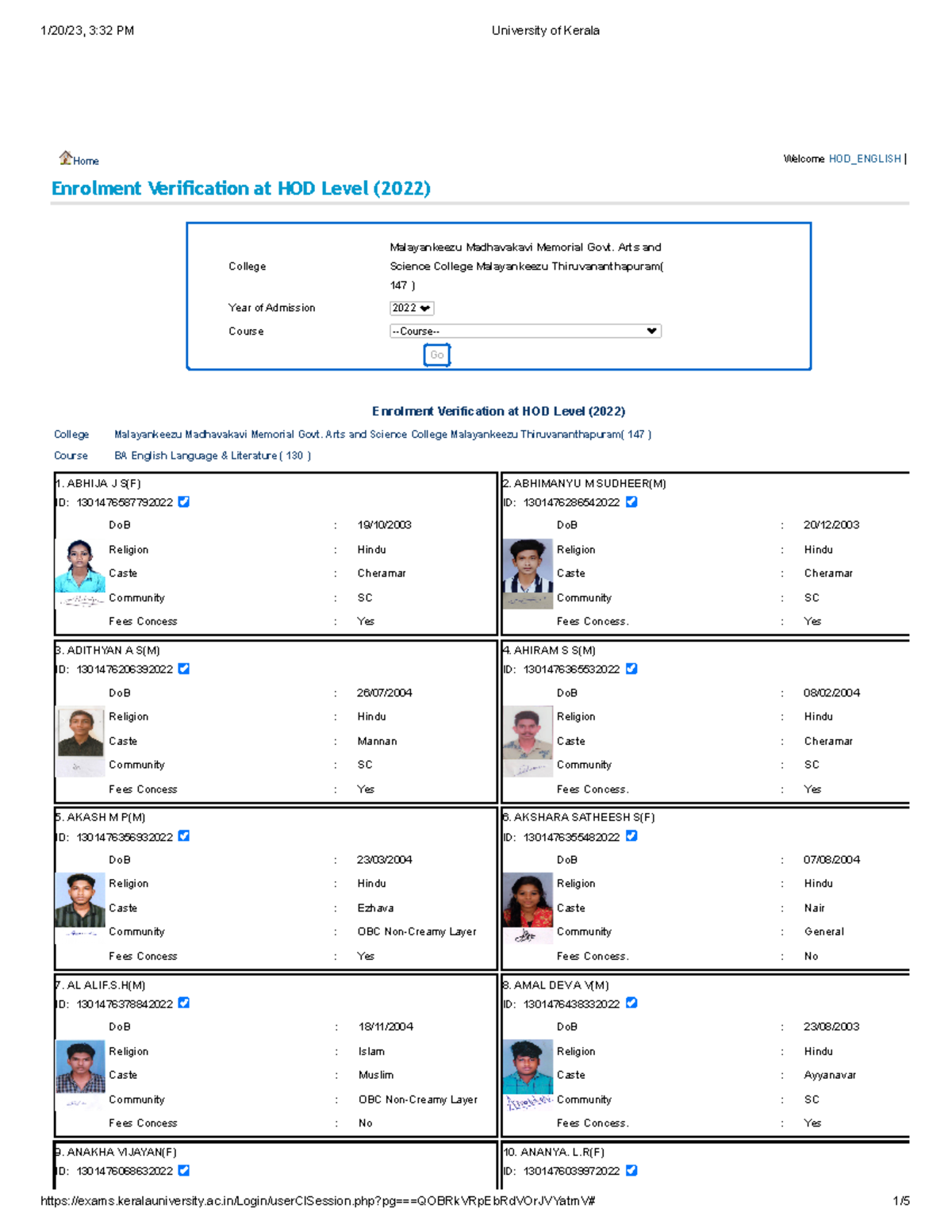 S1 B A 2022 Enrollment - Jdsbshsi - Enrolment Verification at HOD Level (2022) College ...