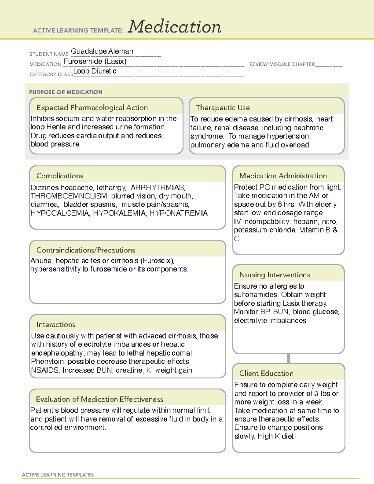 Furosemide_2024 - ACTIVE LEARNING TEMPLATES Medication STUDENT NAME ...