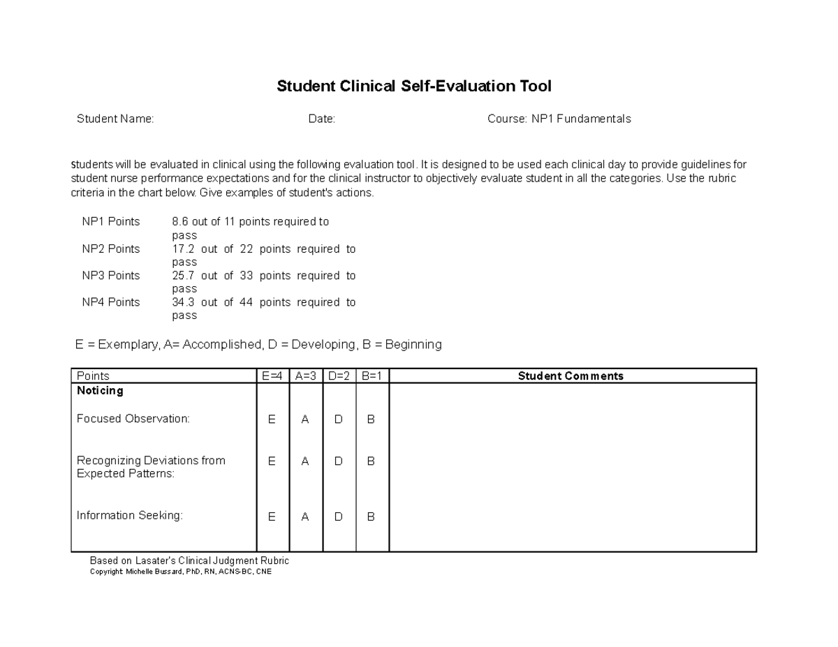 NP1 Student SELF Clinical Eval tool - Student Clinical Self-Evaluation ...
