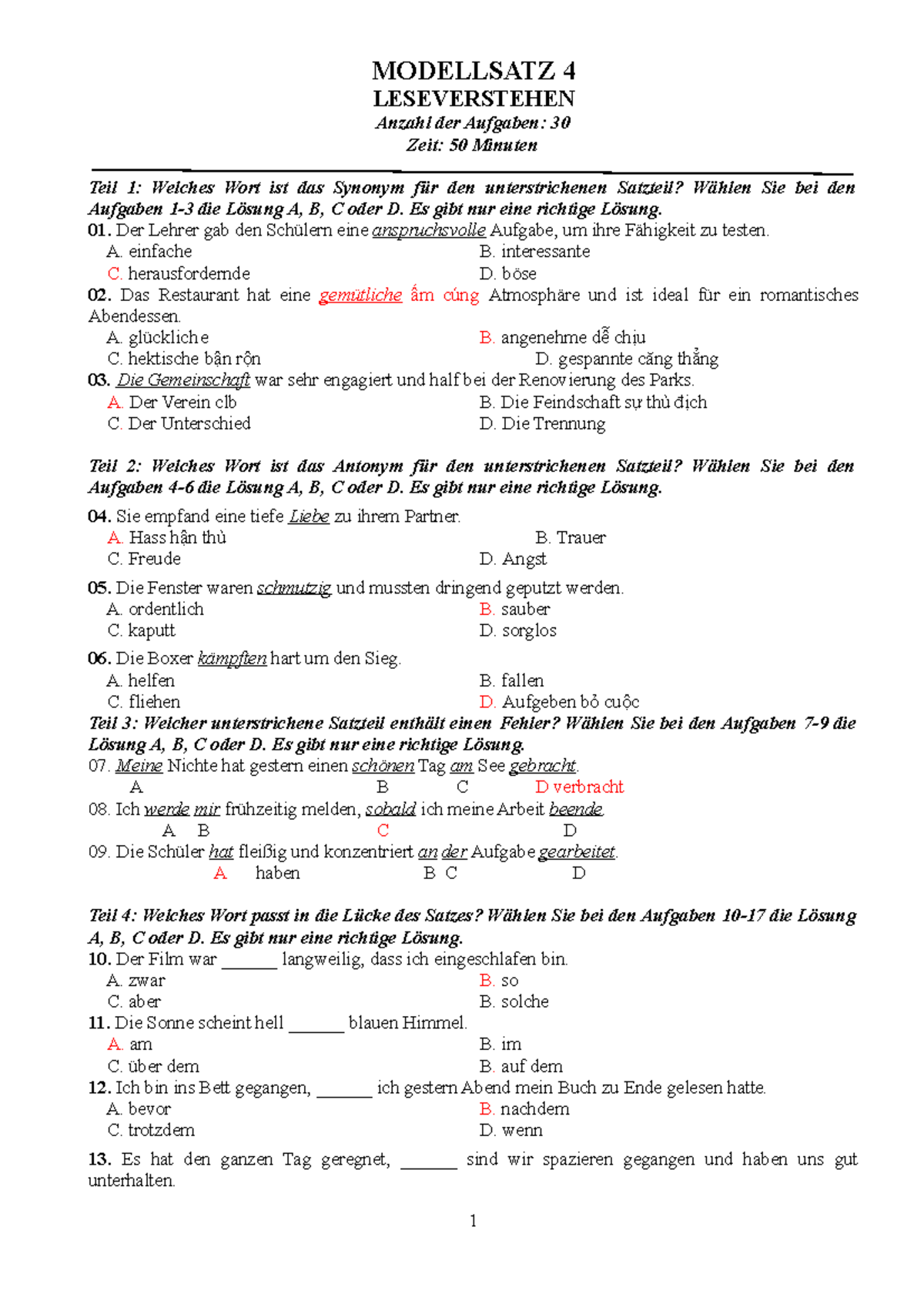 Modellsatz 4 Lesen und Hören - MODELLSATZ 4 LESEVERSTEHEN Anzahl der ...