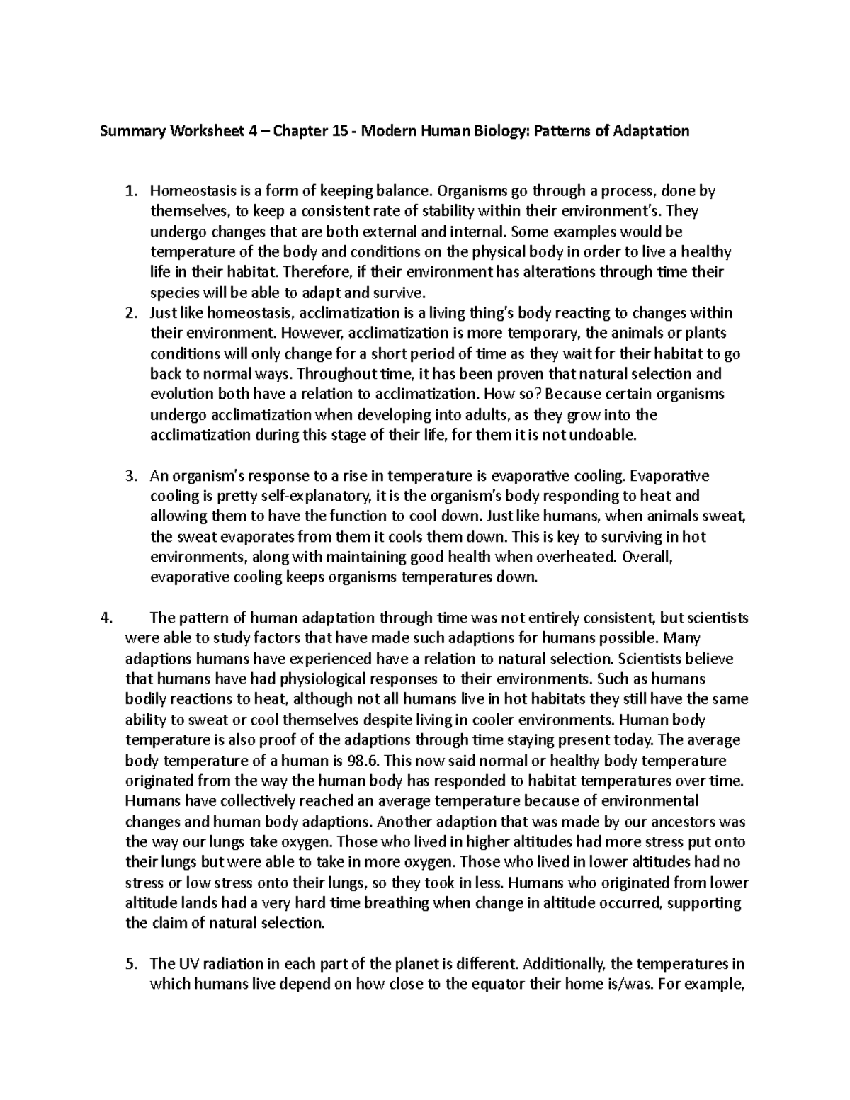 Summary Worksheet - SW #4 Ch15 - Patterns of Adaptation - Summary ...