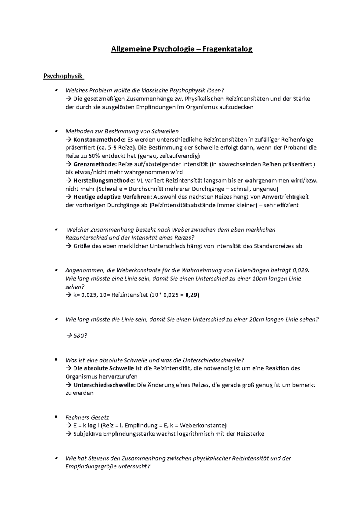 AllgemeinePsychologie1 - Allgemeine Psychologie Fragenkatalog Psychophysik Welches Problem ...