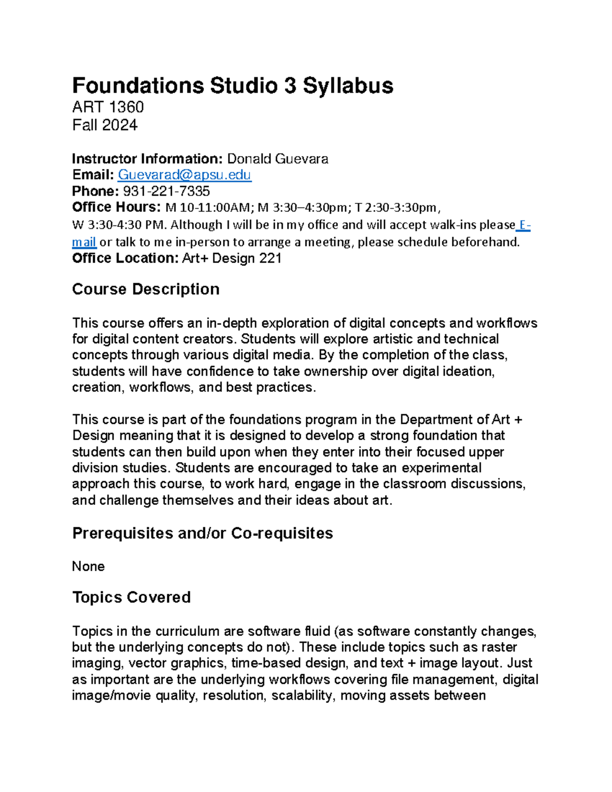 Syllabus Foundations 3 Guevara-2 - Foundations Studio 3 Syllabus ART 1360 Fall 2024 Instructor ...