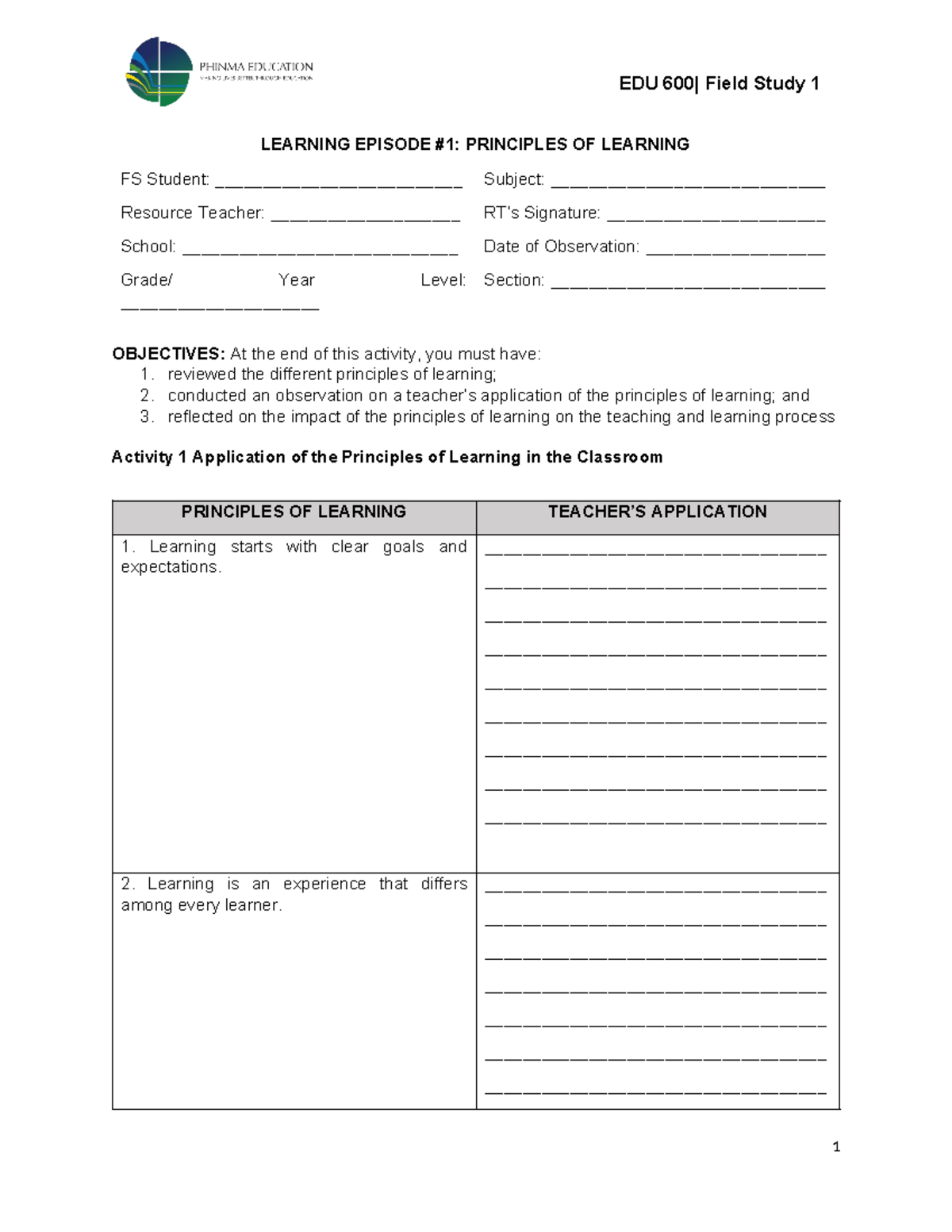 EDU-600 P2 LE-1 - Learning Log - LEARNING EPISODE #1: PRINCIPLES OF ...