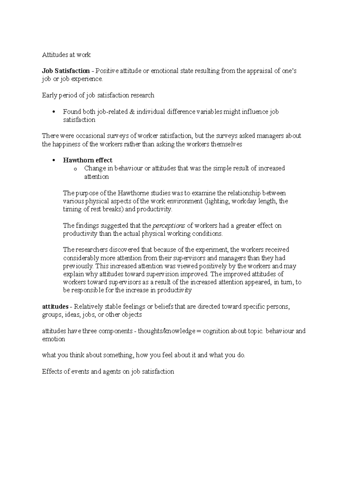 Psyc3309 Lecture 12 notes - Attitudes at work Job Satisfaction ...