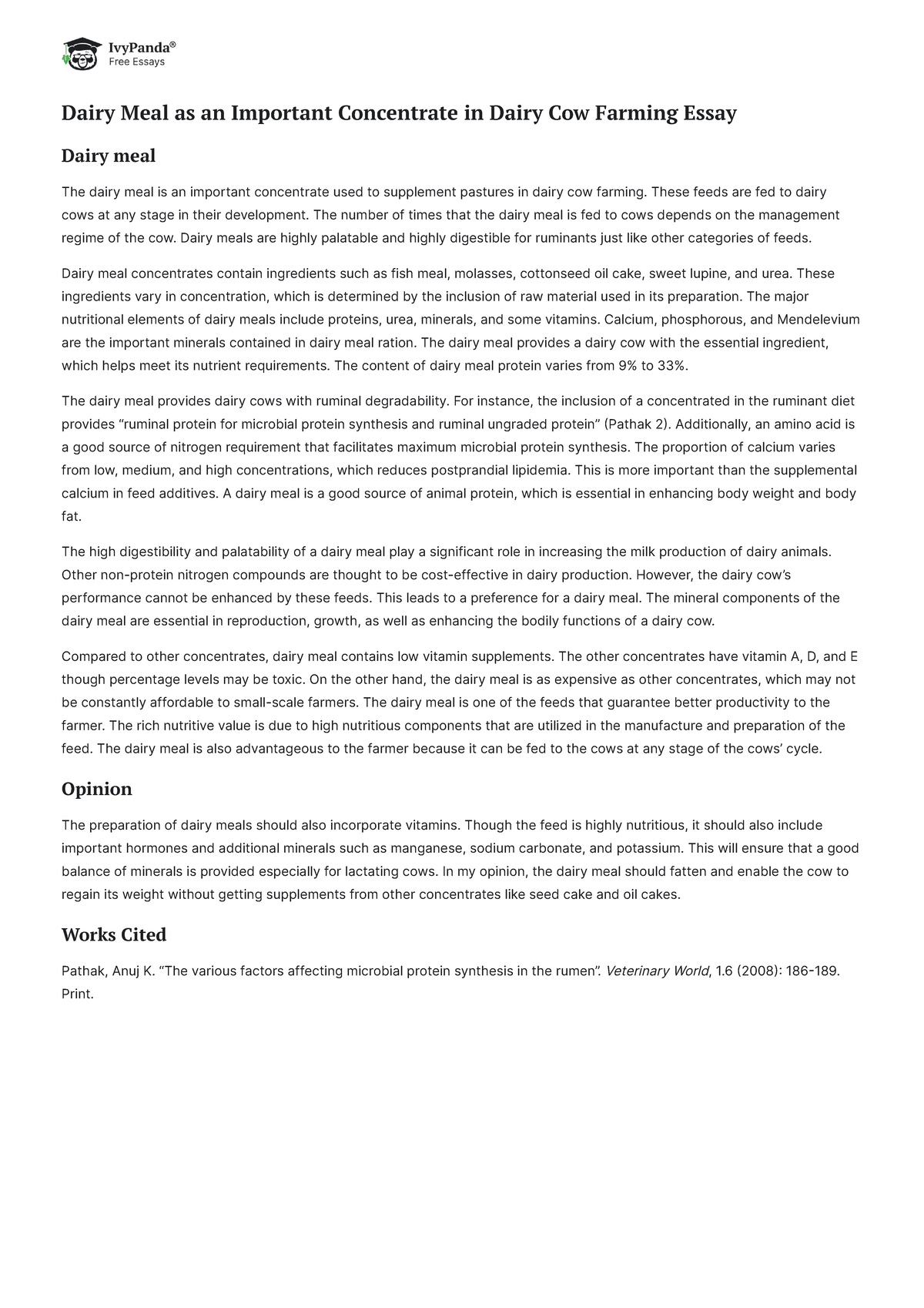 Dairy Meal as a Concentrate in Dairy Cow Farming - 510 Words Essay ...