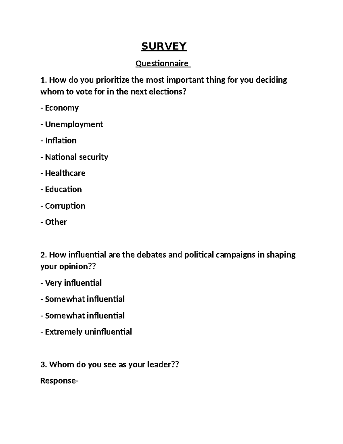Questionnaire for political leadership and communication - SURVEY ...