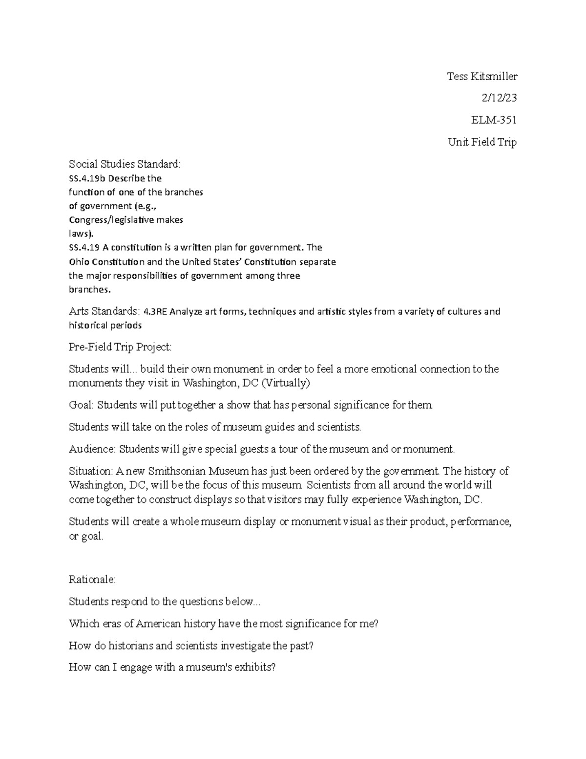 Elm 351- field trip - Tess Kitsmiller 2/12/ ELM- Unit Field Trip Social ...