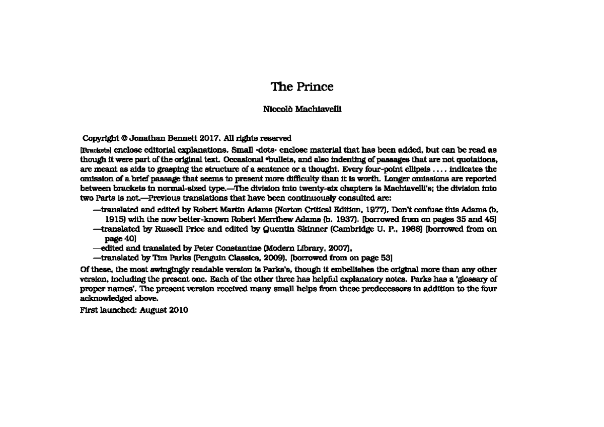 The Prince Niccolo Machiavelli - ECON4008 - Studocu