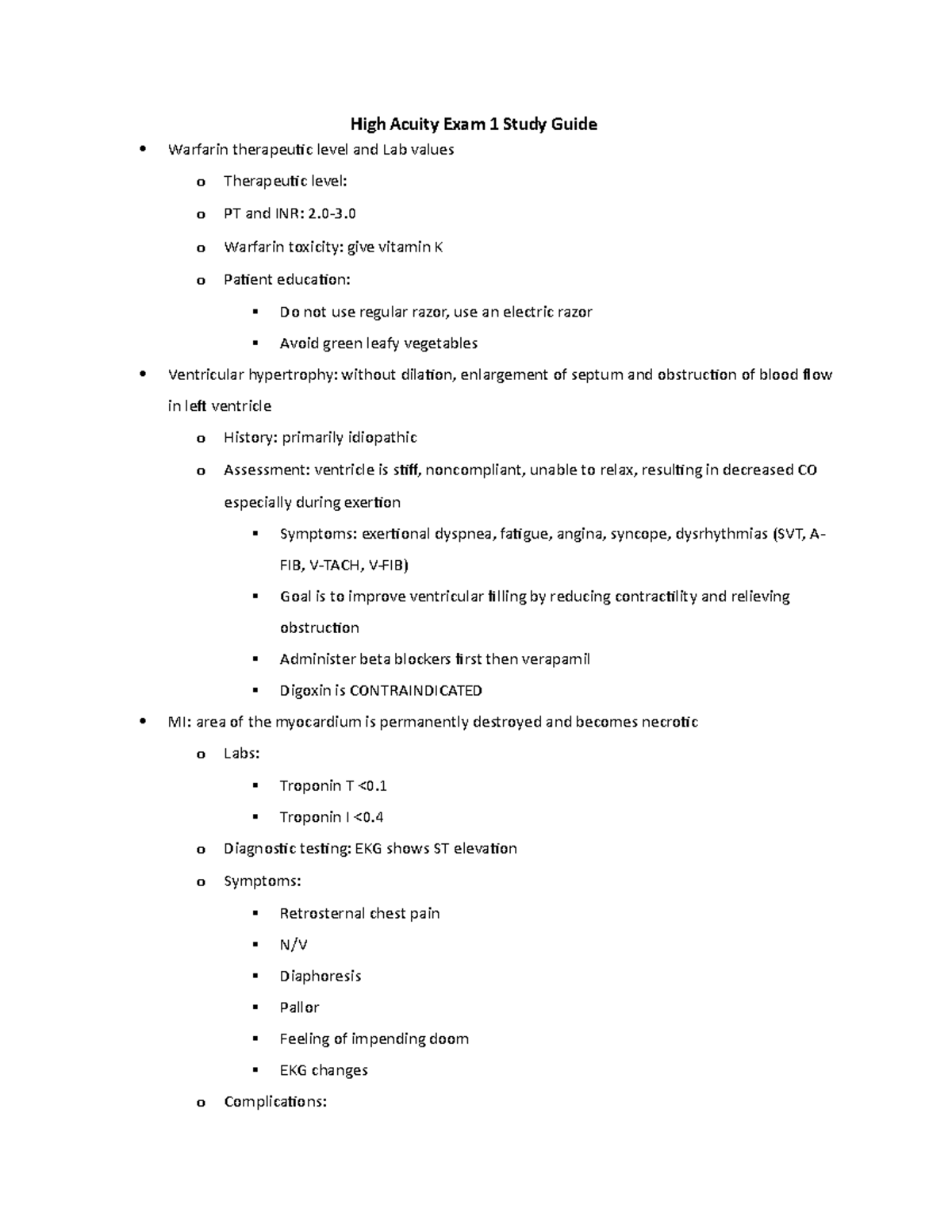 High Acuity Exam 1 Study Guide - High Acuity Exam 1 Study Guide Warfarin therapeutic level and ...